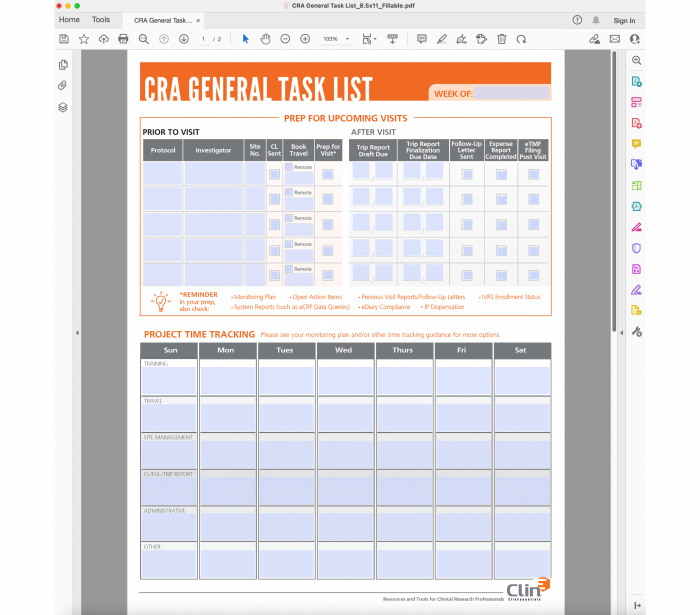 CRA General Task List Digital Download ClinEssentials